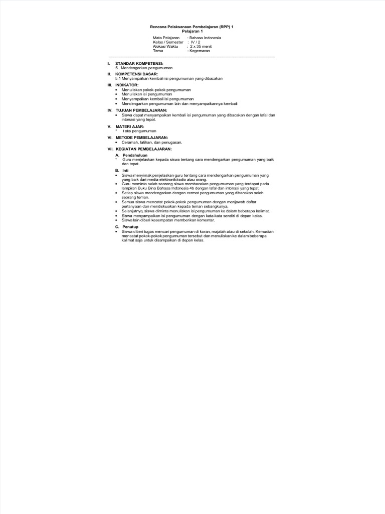 RPP Bahasa Indonesia Kelas 4 Semester 2 | PDF
