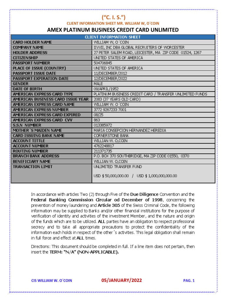 Amex Platinum Business Credit Card Unlimited: Client Information Sheet ...