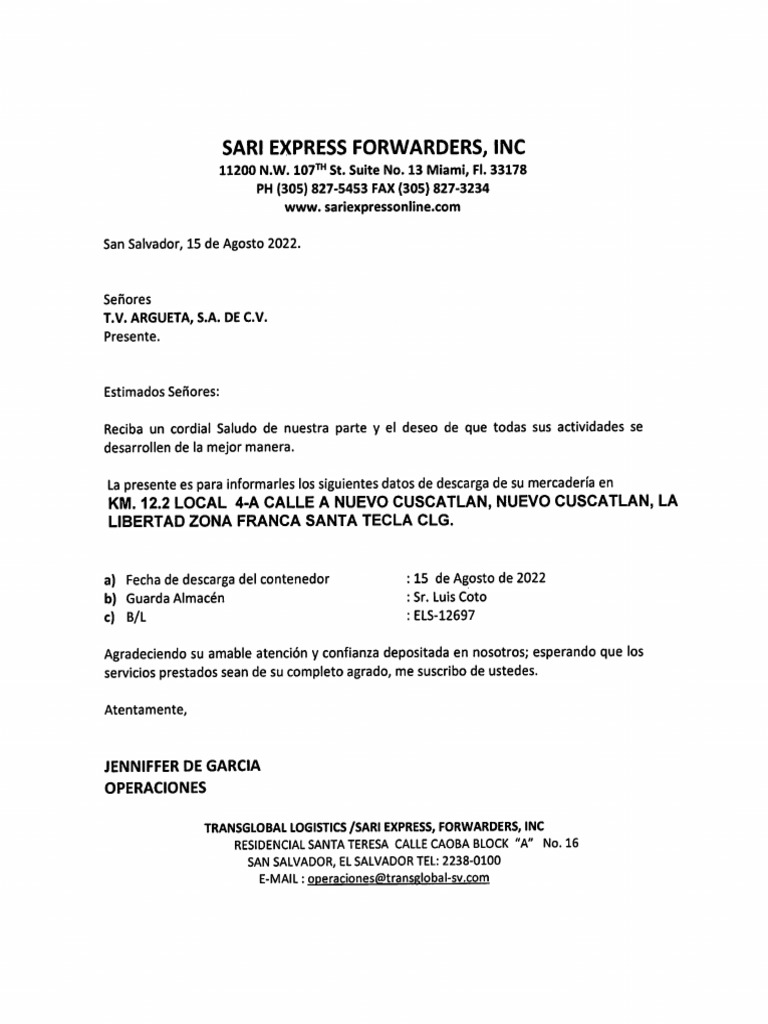 SARI EXPRESS FORWARDERS, INC 11200 N.W. 107™ St. Suite | PDF