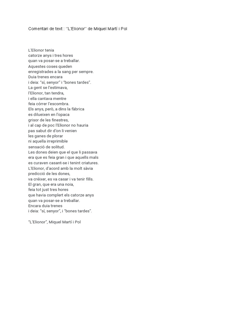 Comentari de Text - 'L'Elionor'' de Miquel Martí I Pol | PDF