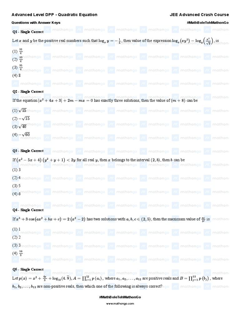 Advanced Level DPP - Quadratic Equation JEE Advanced Crash Course | PDF ...