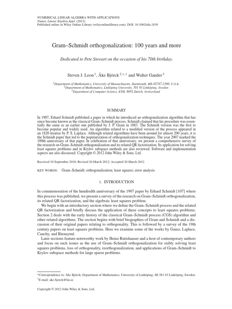 Gram Schmidt Orthogonalization 100 Years | PDF | Matrix (Mathematics) | Least Squares