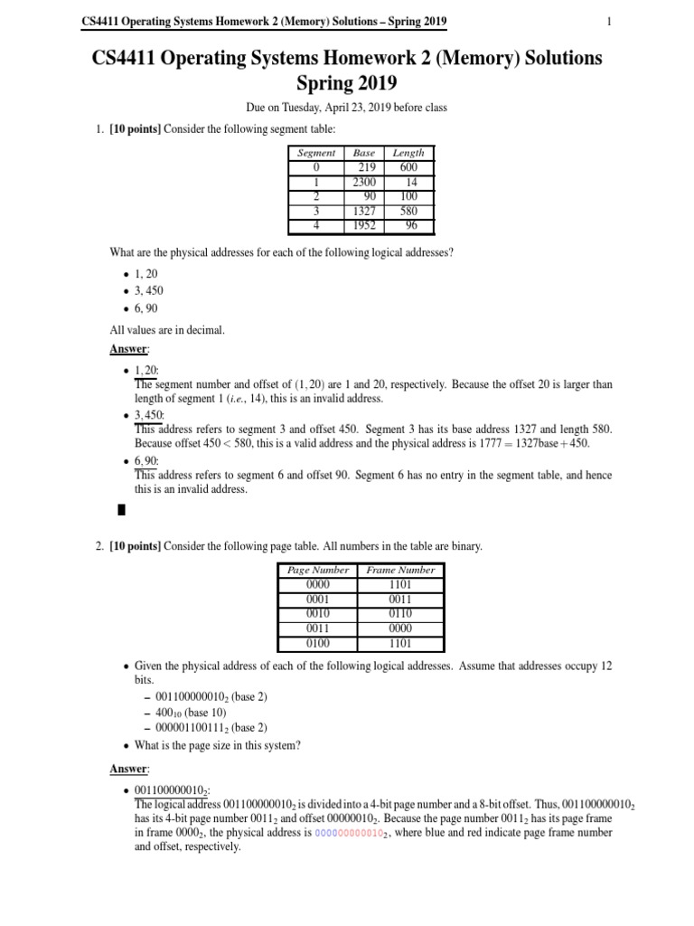 CS4411 Operating Systems Homework 2 (Memory) Solutions Spring 2019 | PDF | Computer Memory ...