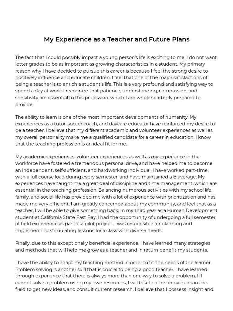 My Experience As A Teacher and Future Plans - (Essay Example), 530 ...