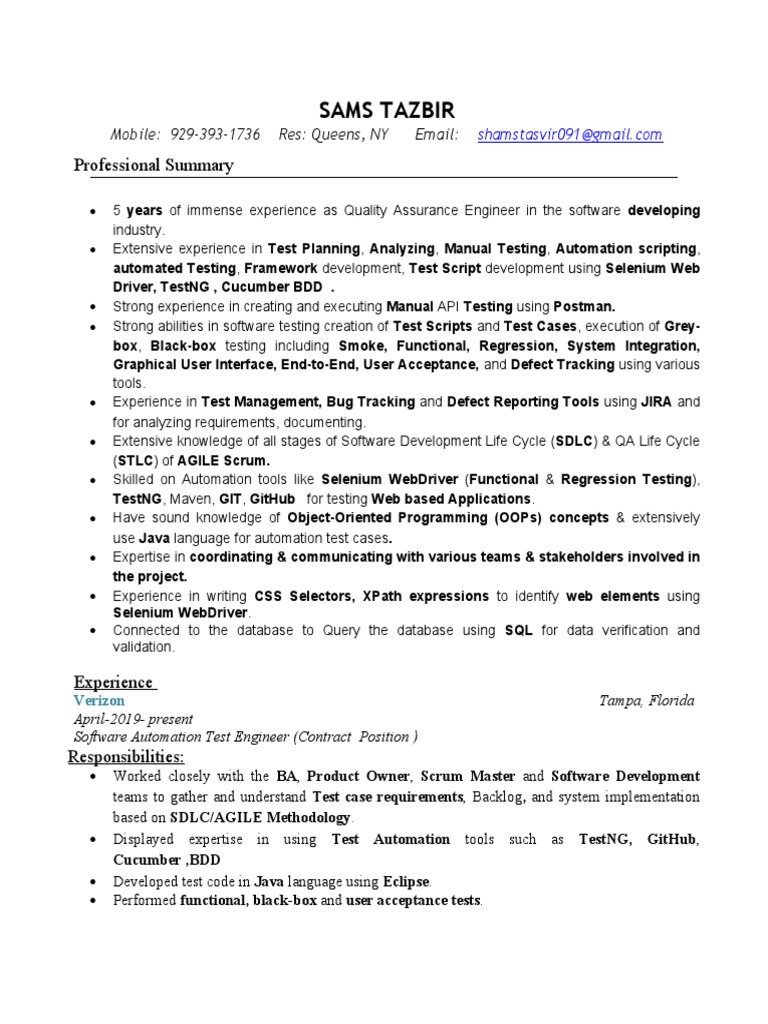 Resume of SAMS TAZBIR | PDF | Software Testing | Selenium (Software)