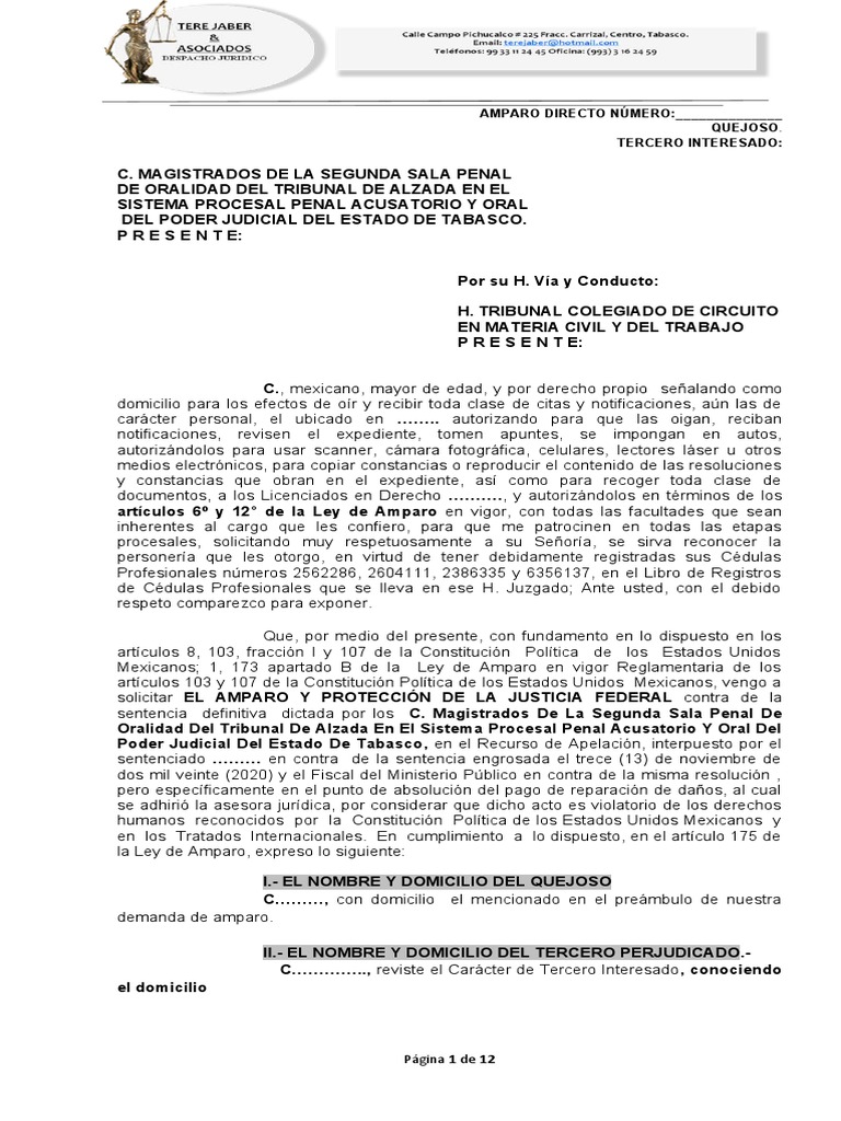 Amparo Directo. Penal. Andres Alejandro. | PDF | Sentencia (ley) | Convenio europeo de derechos ...