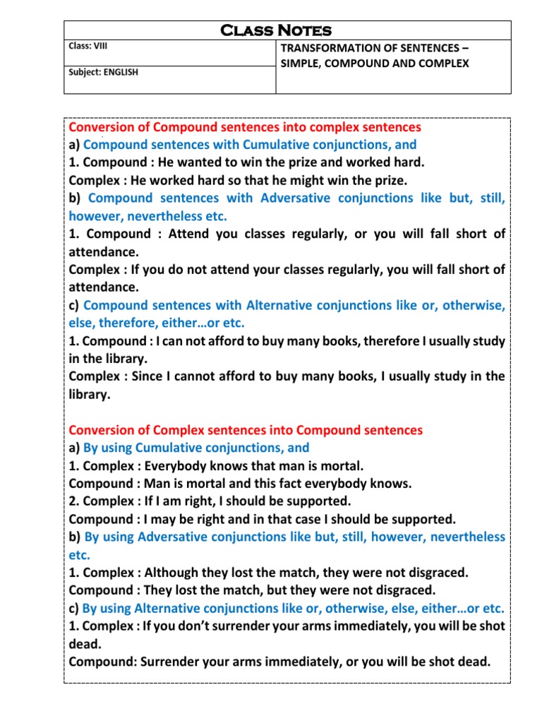 Class Notes: Conversion of Compound Sentences Into Complex Sentences | PDF