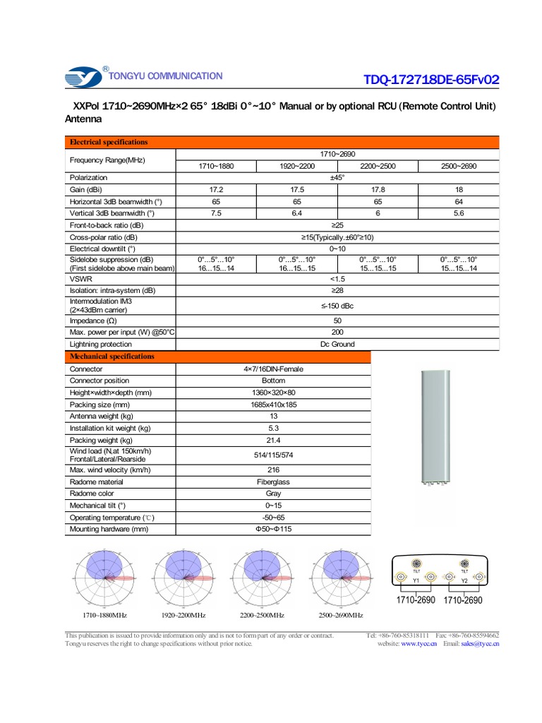 Tdq-172718De-65Fv02: Xxpol 1710 2690Mhz×2 65° 18dbi 0° 10° Manual or by Optional Rcu (Remote ...
