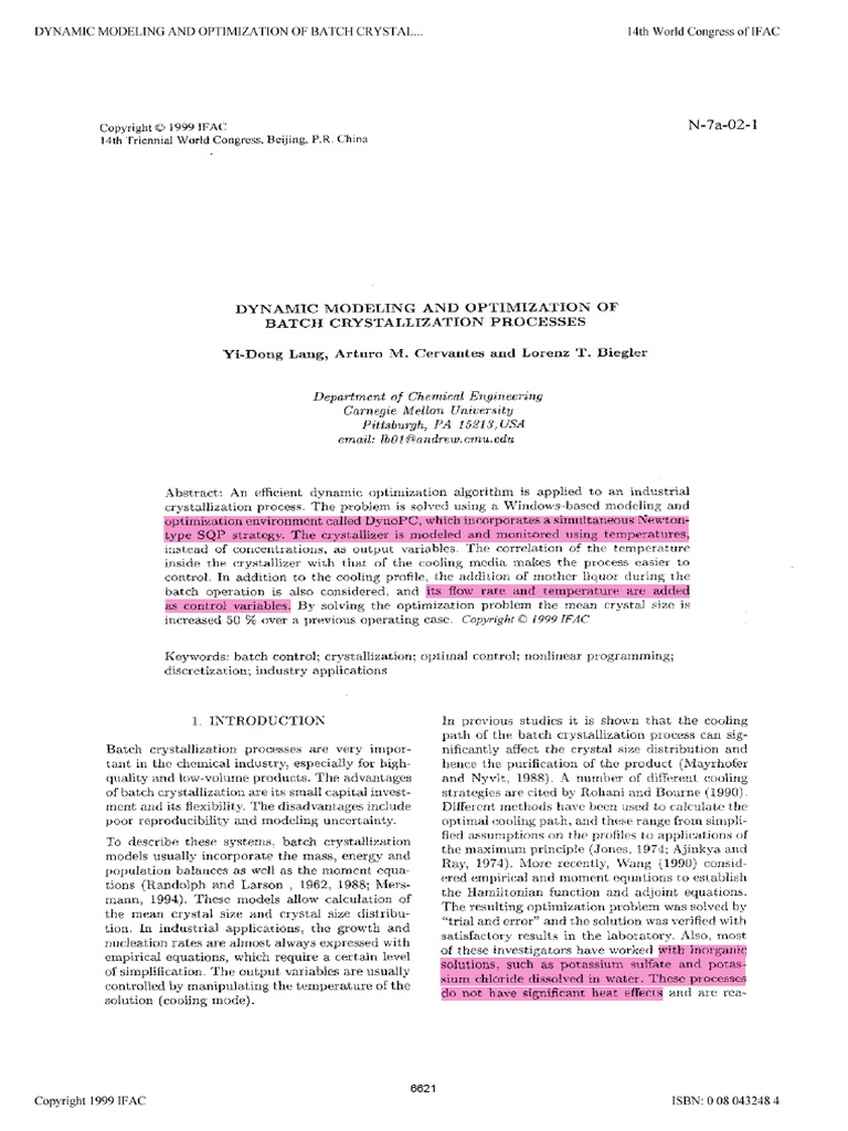 Dynamic Modeling And Optimization Of Batch Crystallization Processes