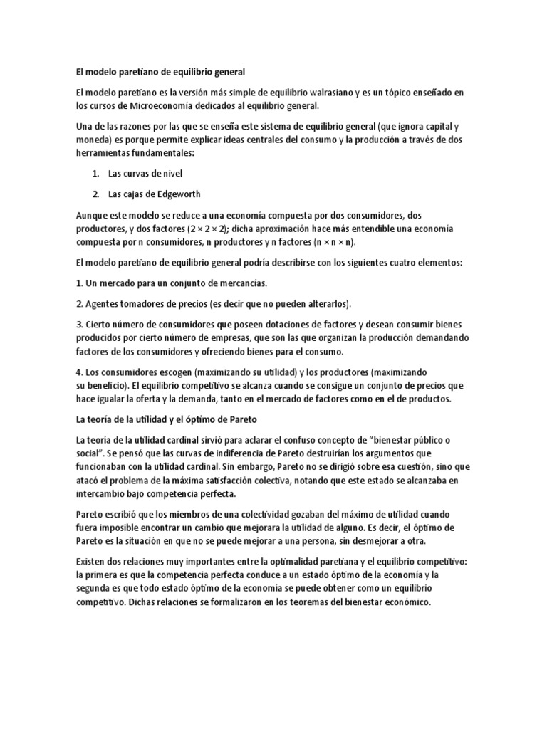 El Modelo Paretiano de Equilibrio General | PDF | Teoría del equilibrio ...
