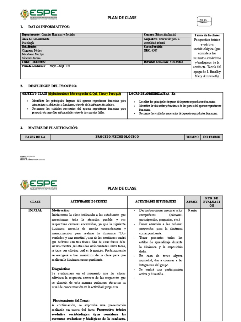 Ejemplo Plan de Clase | PDF | Teoría de apego | Evolución