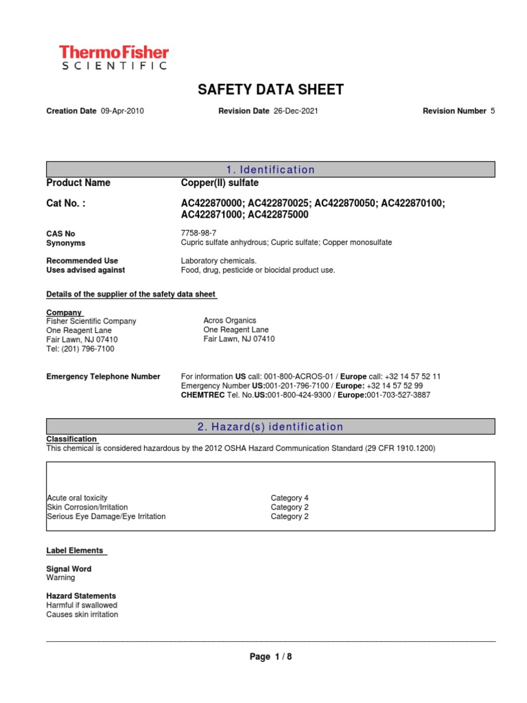 Copper(II) Sulfate Safety Data Sheet | PDF | Dangerous Goods | Physical ...