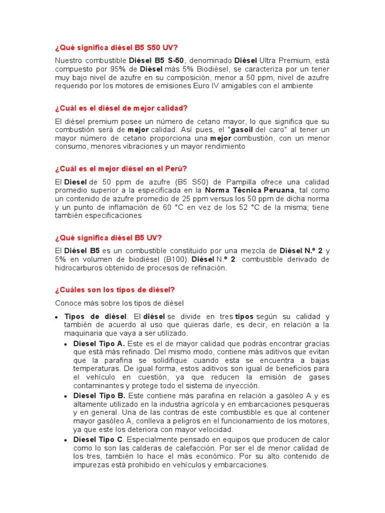 Diésel B5 S50 UV: Características y Usos | PDF | Combustible diesel ...