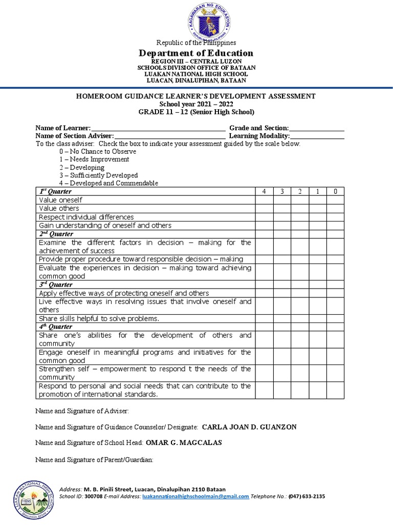 HG Learners Development Assessment SHS | PDF | Wellness