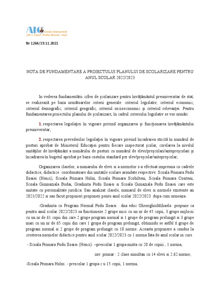Nota Fundamentare Proiect PlaN de SCOLARIZARE | PDF