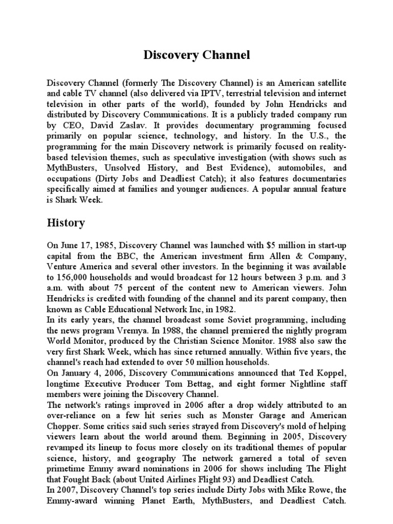 Discovery Channel: A Programming History | PDF | Entertainment (General)