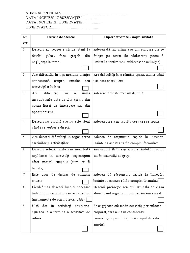 Grila Observatie Copil Cu ADHD | PDF