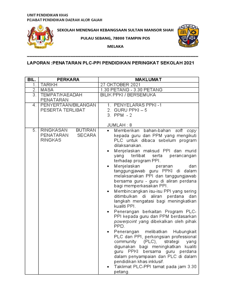 Laporan Penataran PLC-PPI PPKI Sekolah 2021 | PDF
