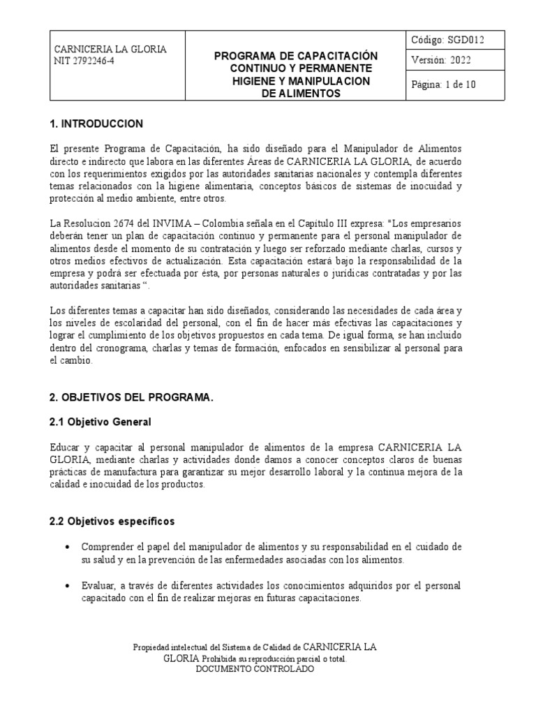 Programa de Capacitacion en BPM | PDF | Alimentos | Seguridad alimenticia