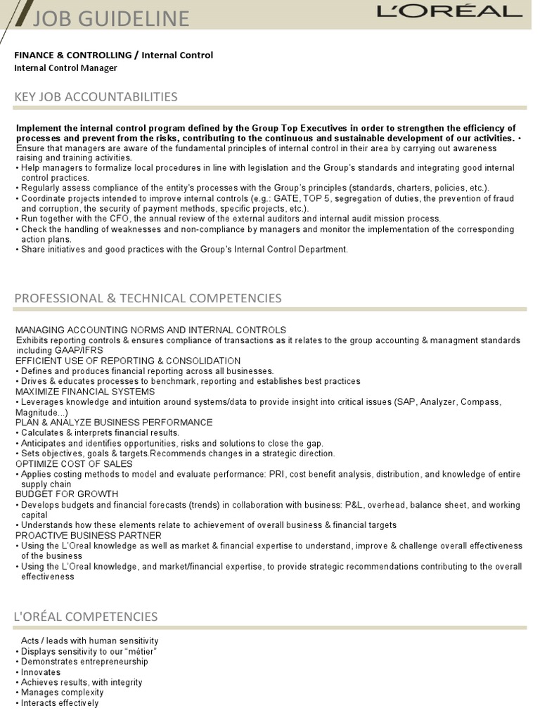 Internal Control Manager Responsibilities | PDF | Internal Control ...