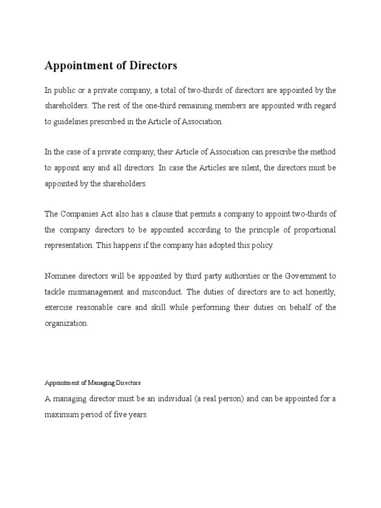 Appointment of Directors | PDF | Board Of Directors | Common Law