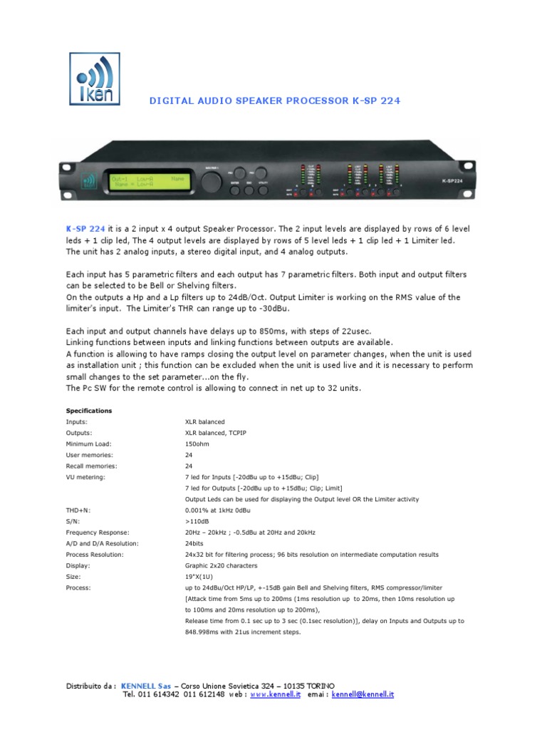 Digital Audio Speaker Processor K-SP 224: Kennell Sas | PDF | Equalization (Audio) | Filter ...