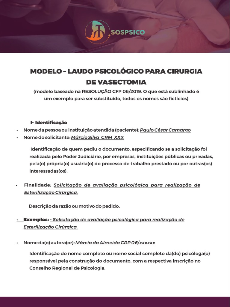 Modelo - Laudo Psicológico para Cirurgia de Vasectomia | PDF | Psicologia | Família