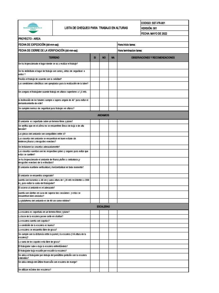 Checklist de Seguridad para Trabajos en Altura | PDF | Andamio | Escalera