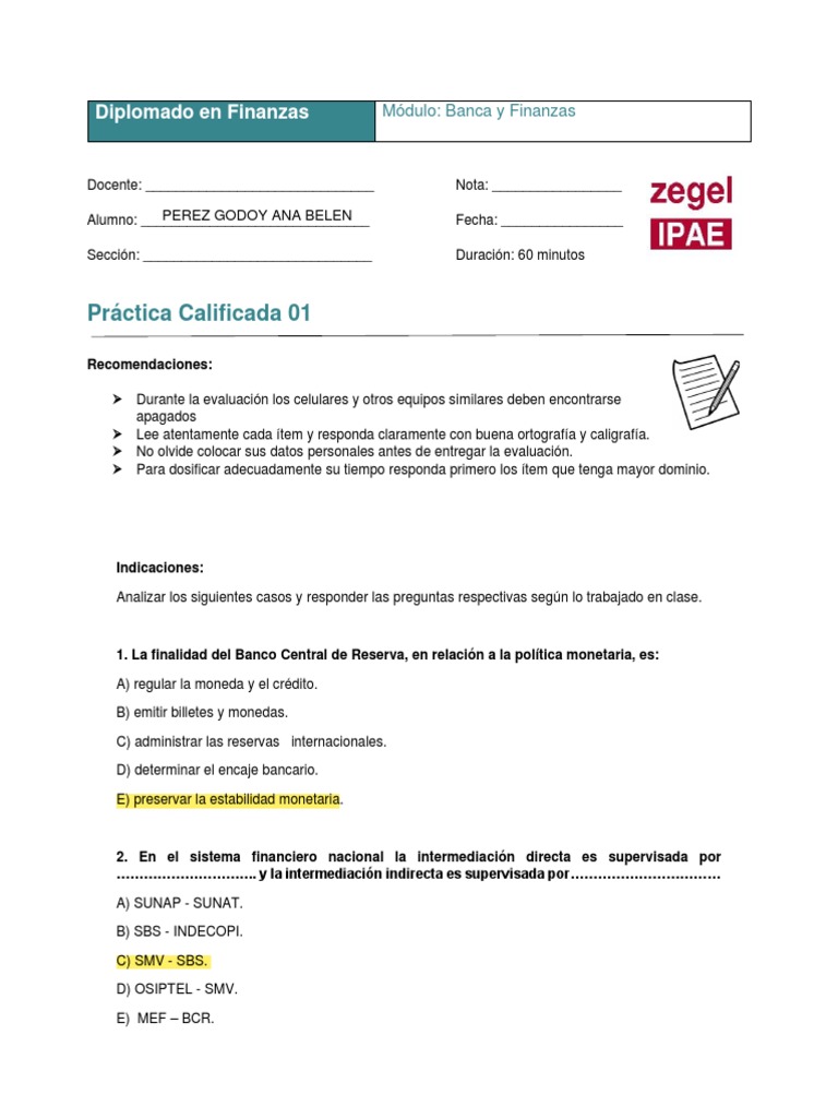 Practica Calificada 01 | Descargar gratis PDF | Bancos | Requisito de reserva