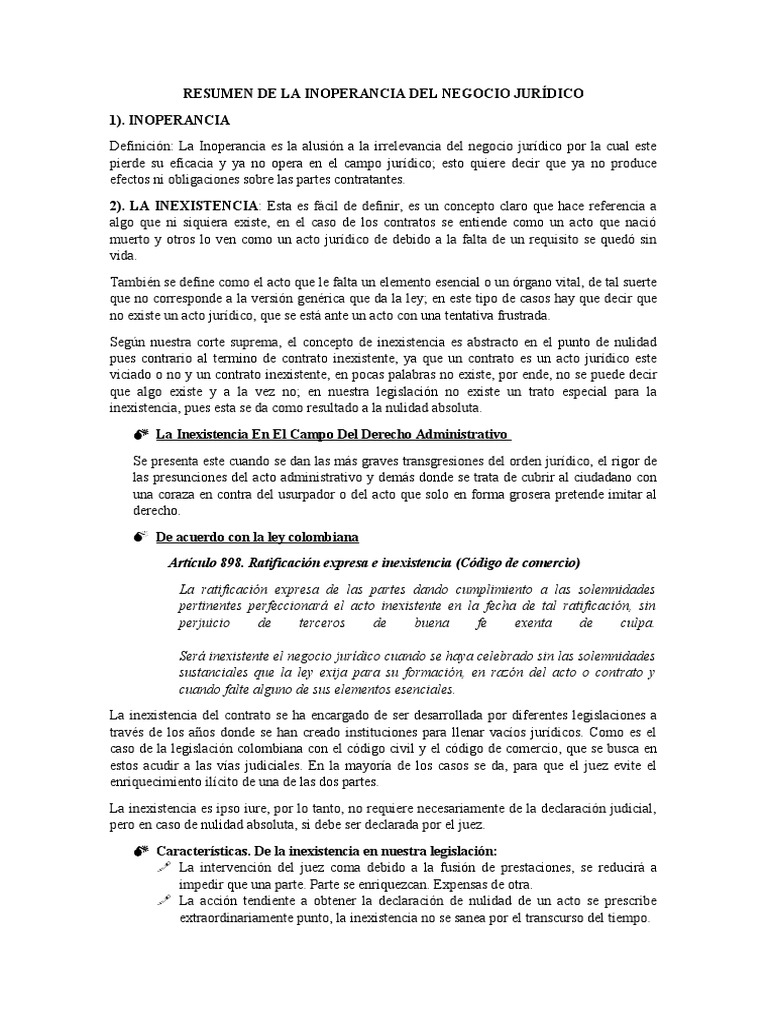 Resumen Del Libro La Ineficacia en El Negocio Juridico | PDF | Principios éticos | Derecho privado