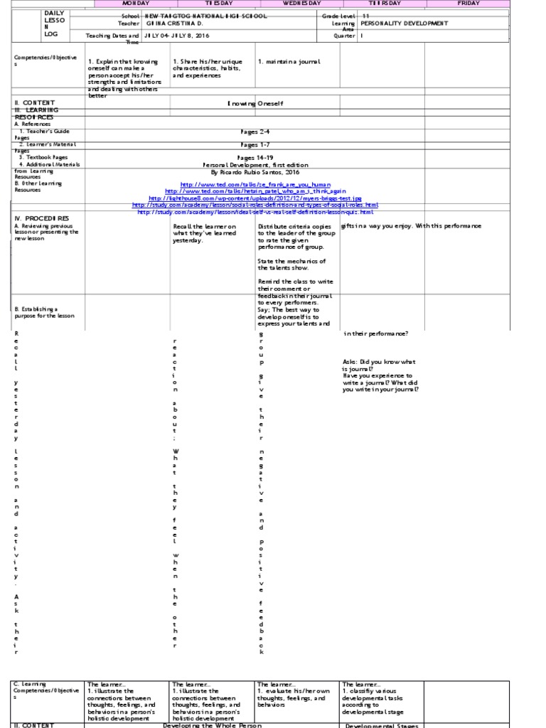 Personality Development Lesson Plan | PDF | Learning | Adolescence