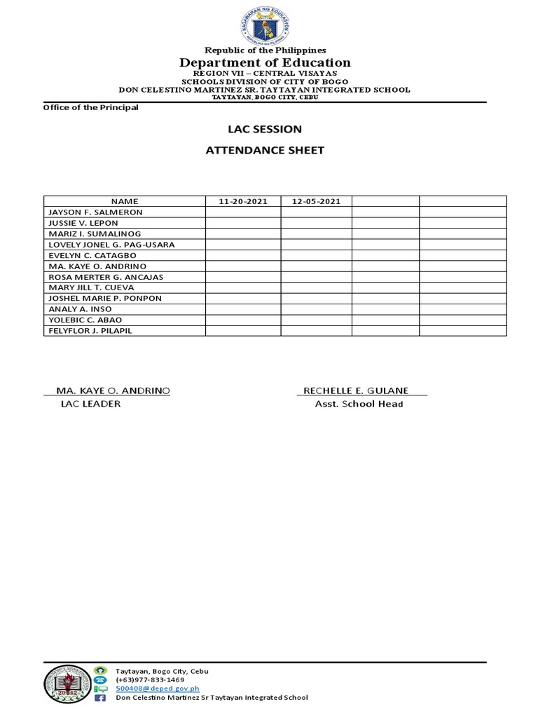 Department of Education: Lac Session Attendance Sheet | PDF | Behavior ...