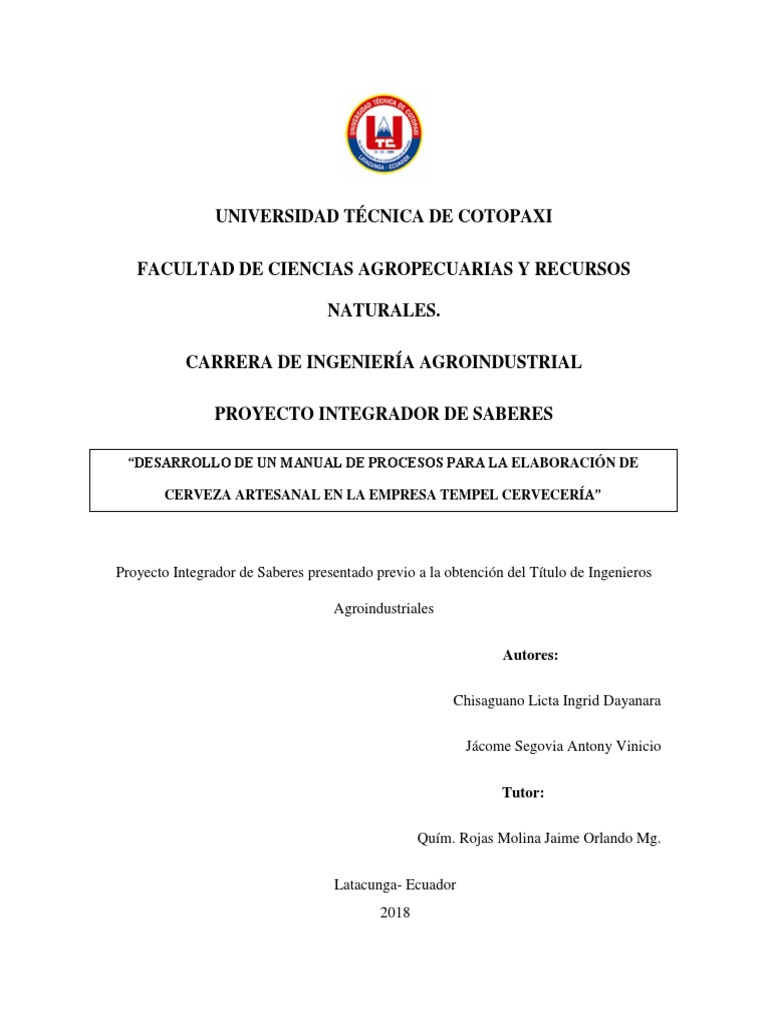 "Desarrollo de Un Manual de Procesos para La Elaboración de Cerveza ...