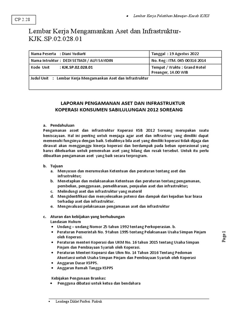 Lembar Kerja Peserta KJK - SP02.028.01 Aset - Infrastruktur | PDF