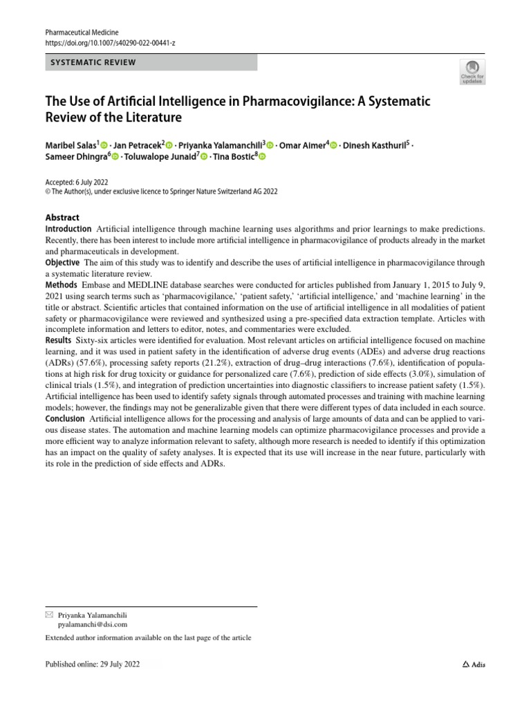 The Use of Artificial Intelligence in Pharmacovigilance: A Systematic Review of The Literature ...