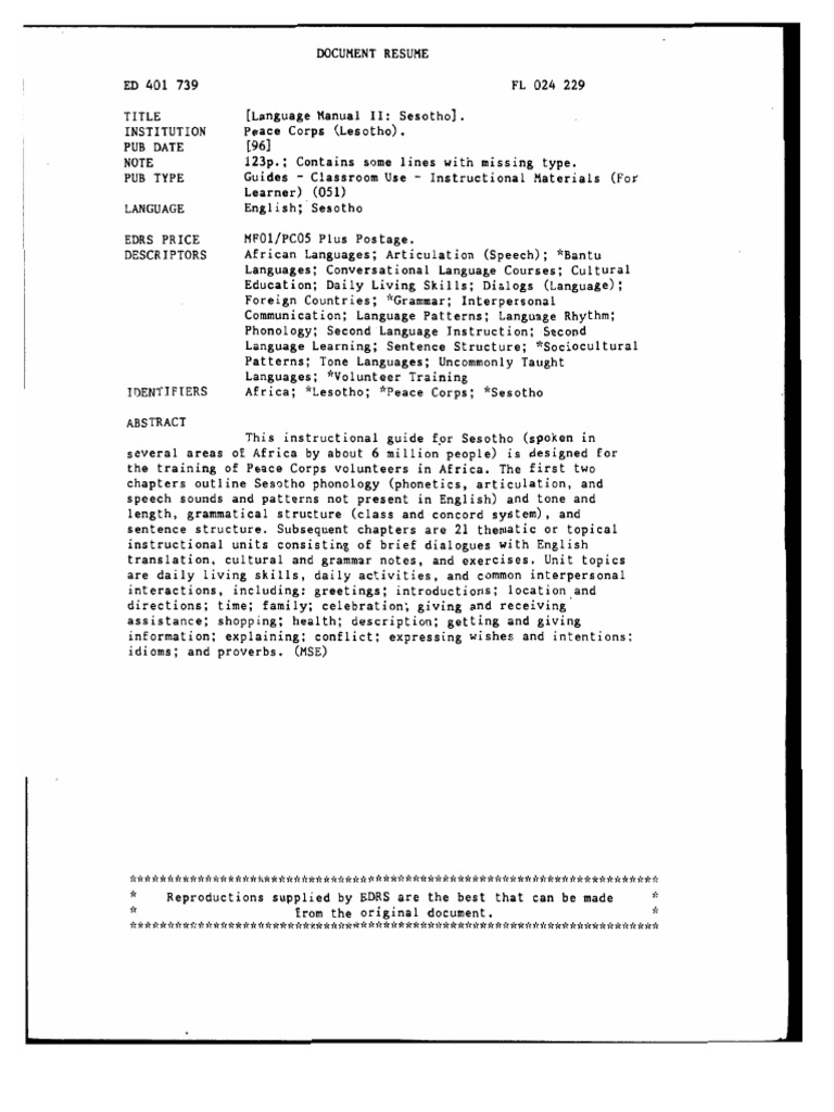 Peace Corps (Lesotho) - Language Manual II Sesotho | PDF