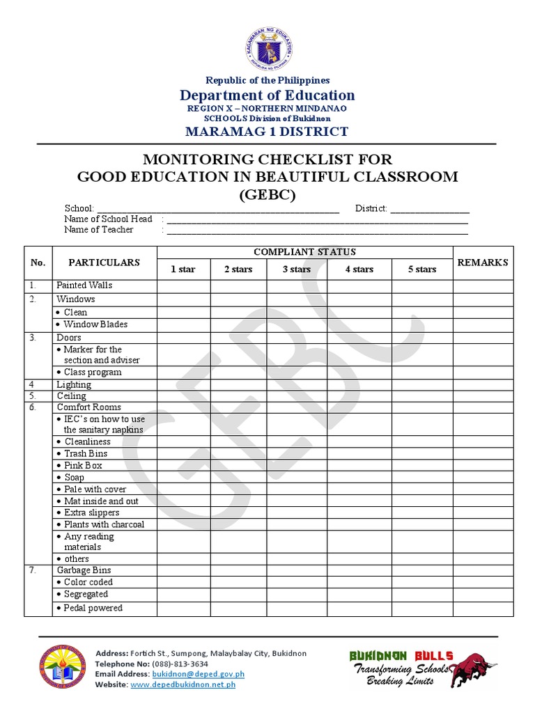 GEBC Monitoring Checklist for Schools | PDF | Classroom