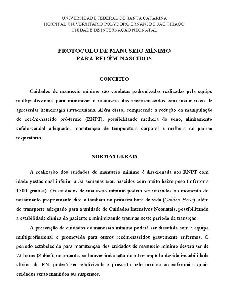 Protocolo de Manuseio Mínimo Neonatal | PDF | Enfermagem | Sistema de saúde