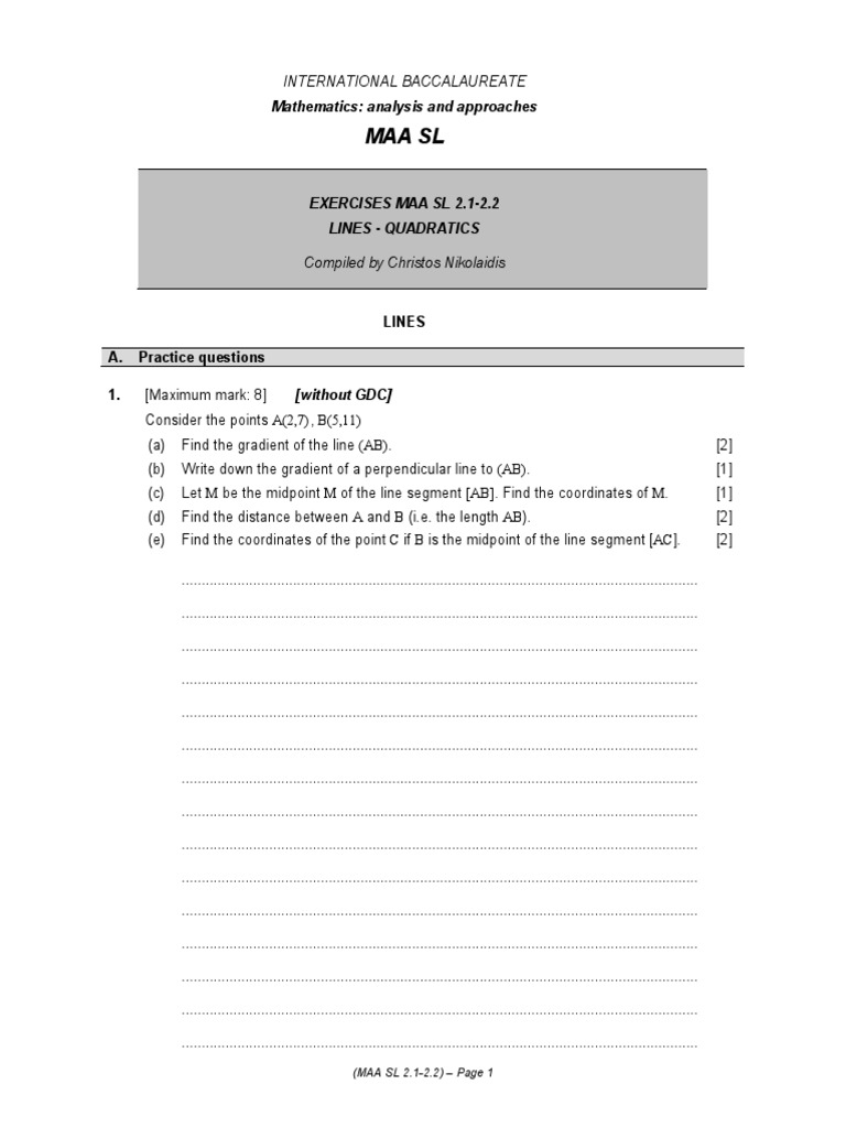 IB Math SL: Line and Quadratic Exercises | PDF | Quadratic Equation ...