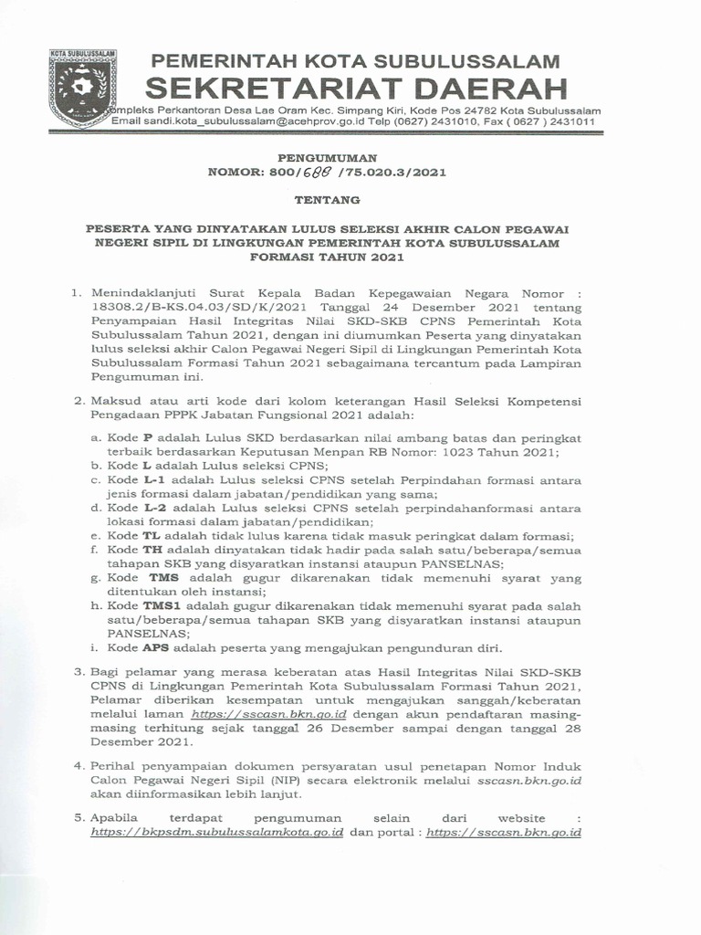 Pengumuman Kelulusan Skd-Skb-2021-Final | PDF