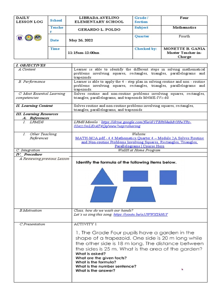 Lesson Plan Mathematics 4 | PDF | Area | Cognition