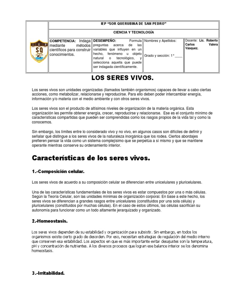 Caracter'Sticas de Lkos Seres Vivos. 1ero. de Secundaria | PDF | Reproducción | Organismos