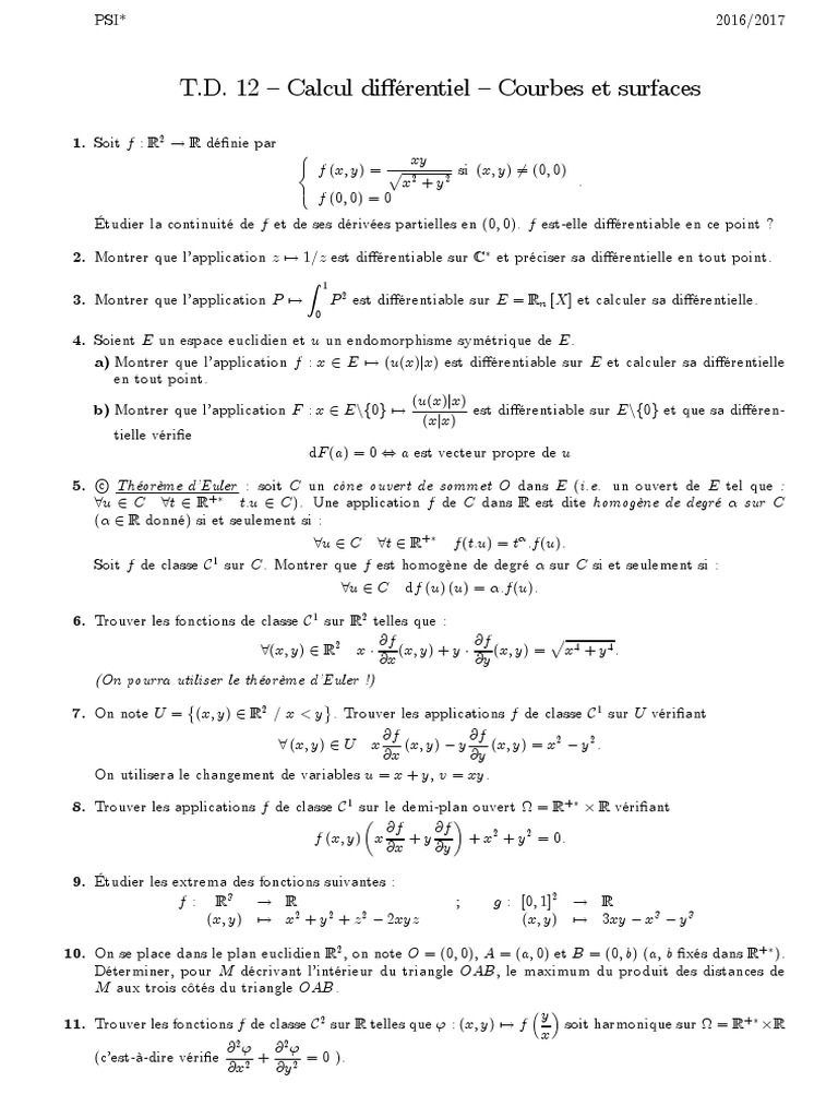 Calcul Differentiel Courbes Et Surfaces Exercices Non Corriges | PDF | Tangente (géométrie ...
