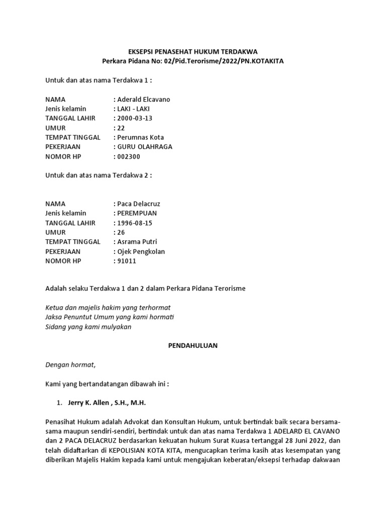 Eksepsi Nota Pembelaan Kasus Adelard | PDF