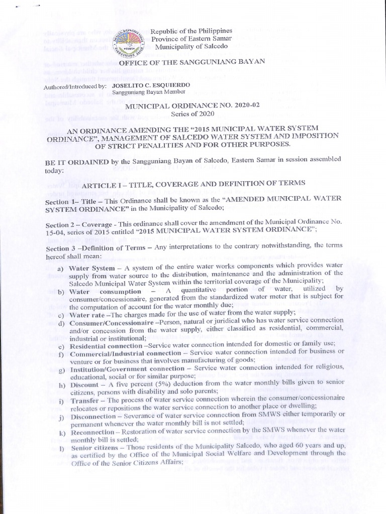 Municipal Ordinance 2020 02 Water System Ordinance | PDF