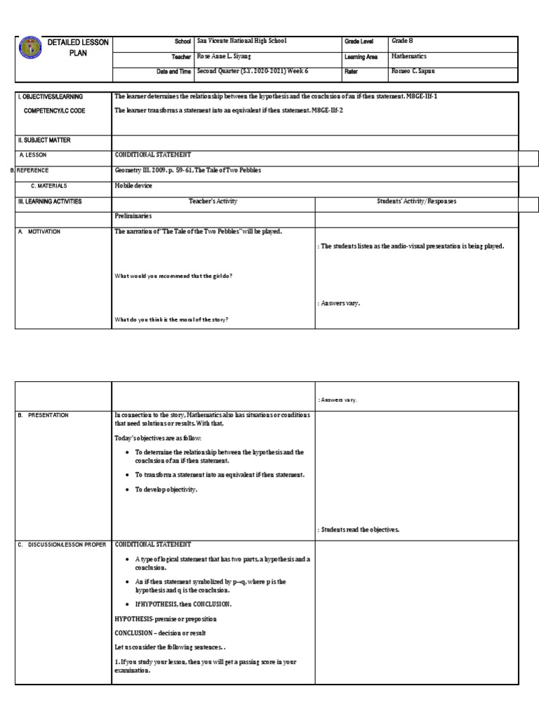 Detailed Lesson Plan | PDF | Learning | Cognition
