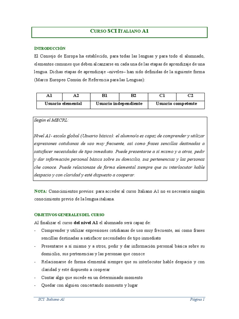 Docencia Programacion Italiano A1 | PDF | Verbo | Prueba (evaluación)