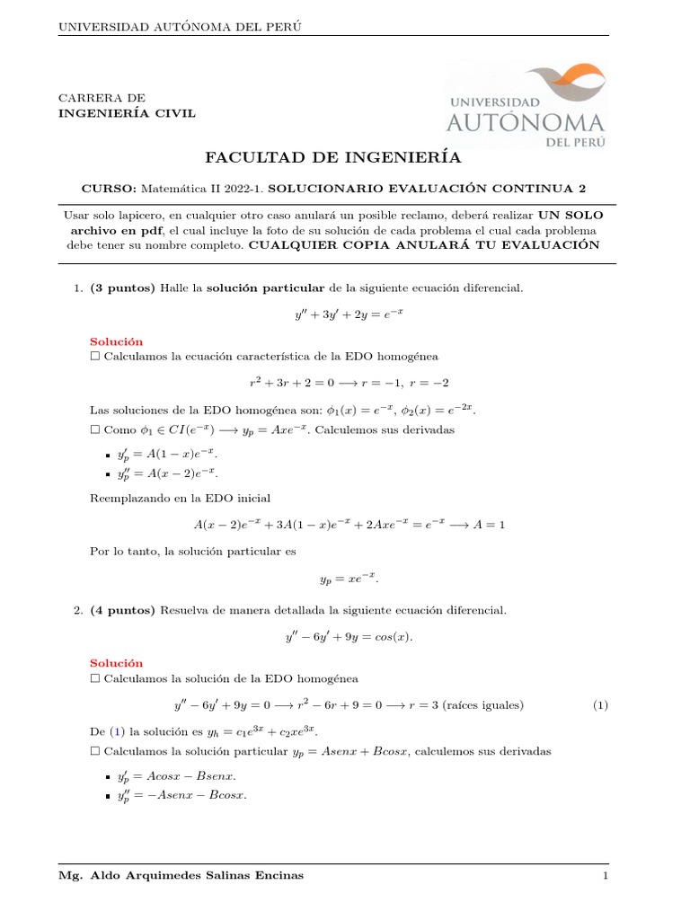 Solucionario de evaluación continua 2 de Matemática II sobre ecuaciones diferenciales y series ...