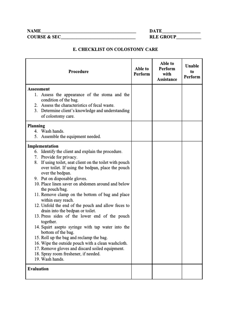 NAME - DATE - COURSE & SEC - E. Checklist On Colostomy Care Able To ...