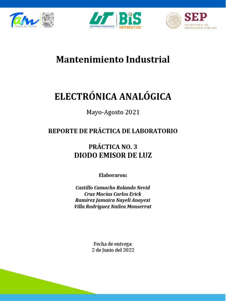 Práctica Lab.3 - Diodo Emisor de Luz - Electrónica Analógica MI-3A | PDF | Diodo emisor de luz ...